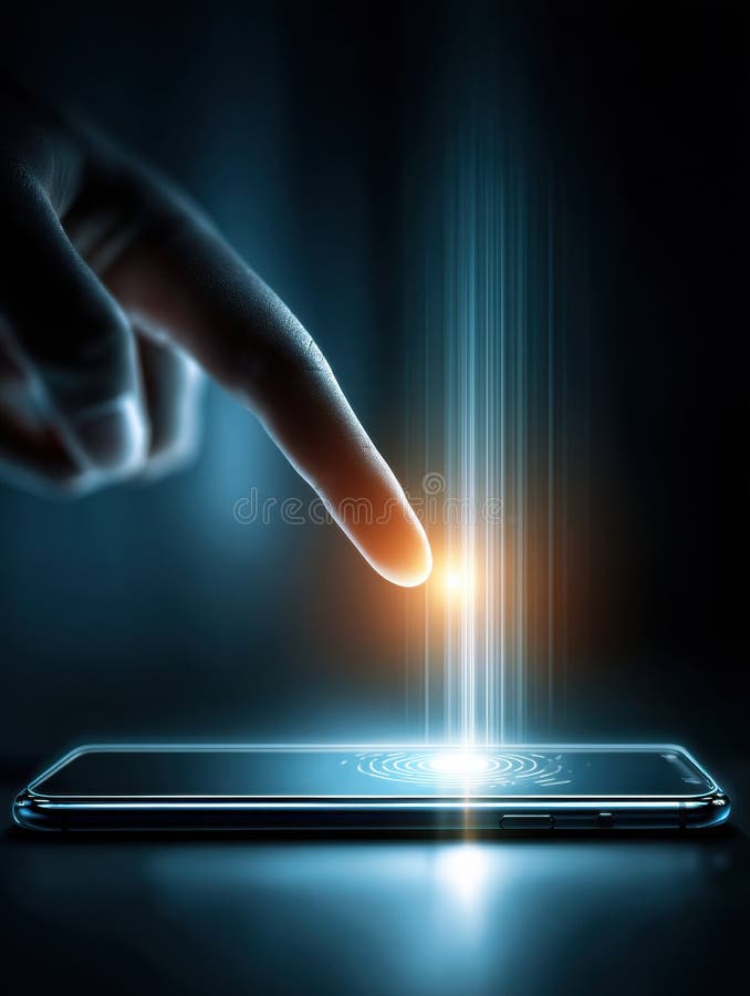 Floating Hand Interacts with Glowing Biometric Scanner on Smartphone in Dark Environment Stock ...