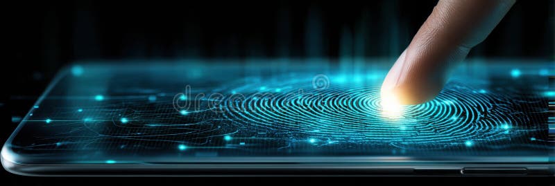 Floating Hand Interacts with Smartphone Equipped with Glowing Biometric Scanner for Secure ...