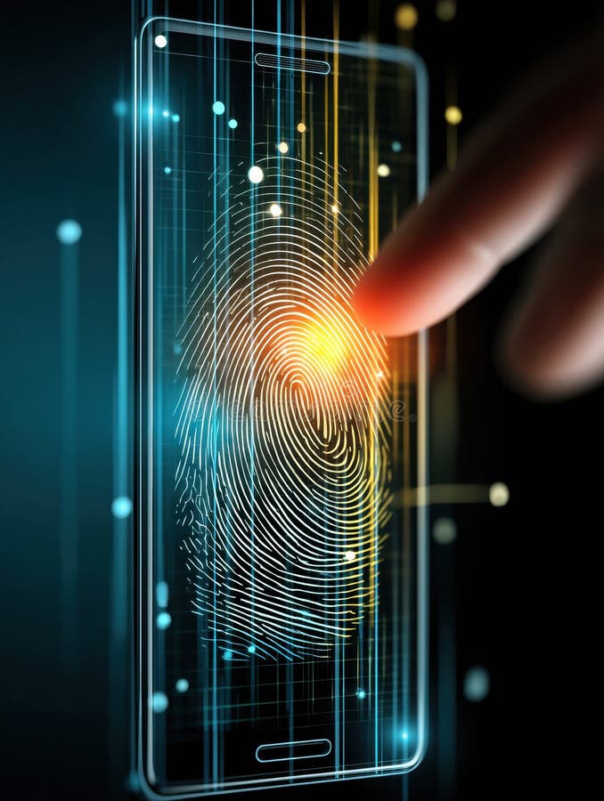 Floating Hand Interacts with Smartphone Featuring Glowing Biometric ...