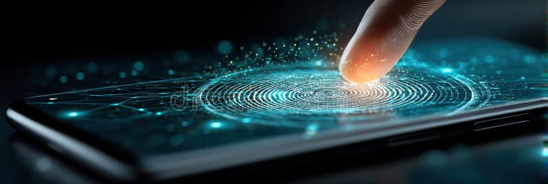 Floating Hand Interacts with Smartphone Featuring Glowing Biometric ...