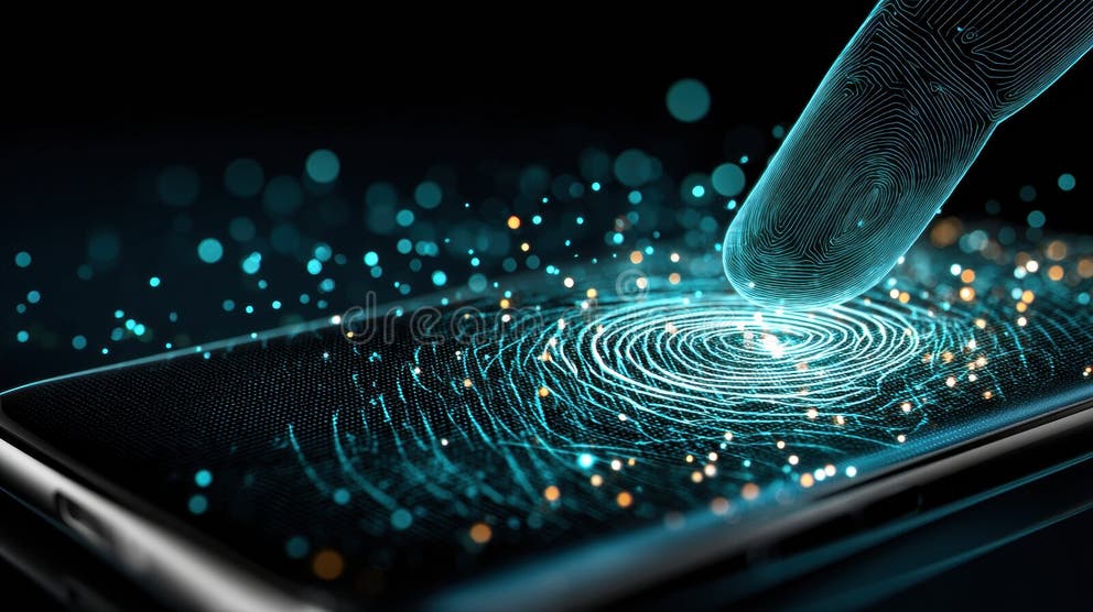 Floating Hand Interacts with Smartphone Featuring Glowing Biometric ...