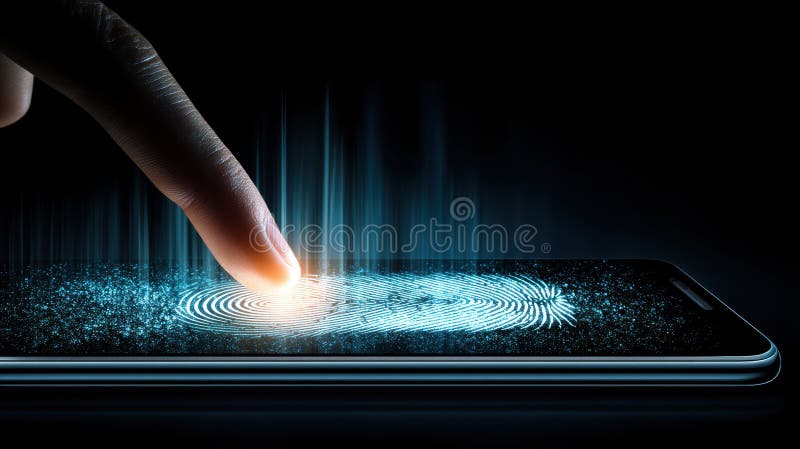 Floating Hand Interacts with Smartphone Featuring a Vibrant Biometric Scanner in a High-Tech ...
