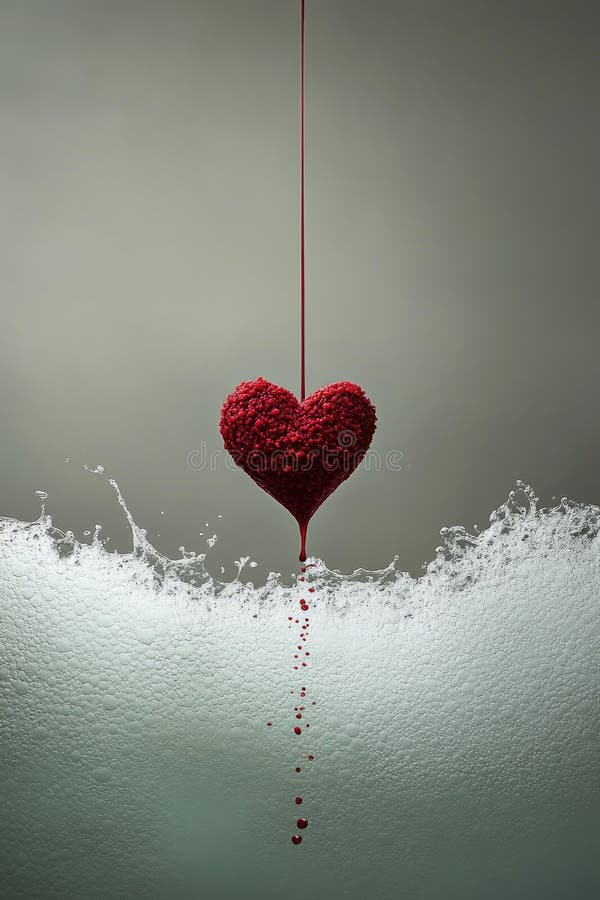 Floating Heart Above Bubbling Surface with Red Drops Creating Unique ...