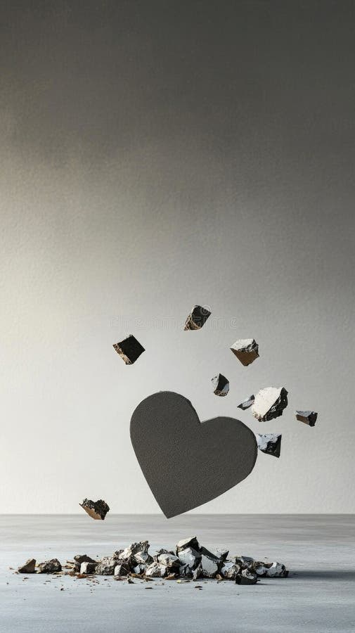 Floating Heart Amidst Breaking Rock Fragments in Minimalist Setting ...