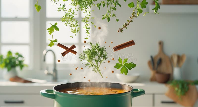 Floating Herbs and Spices Hover Over a Bubbling Pot of Soup in a Bright ...