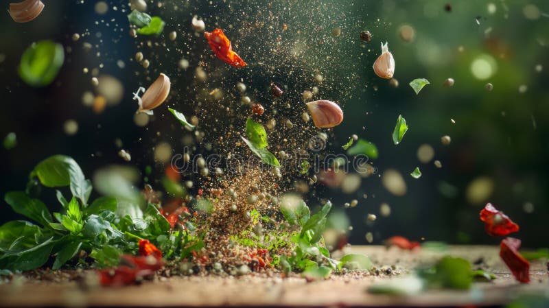 Floating Herbs and Spices on Wooden Surface Stock Illustration ...