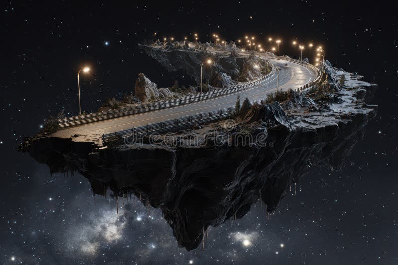 Floating Highway in Space Night Sky Stars Road Lights Isolated on a ...