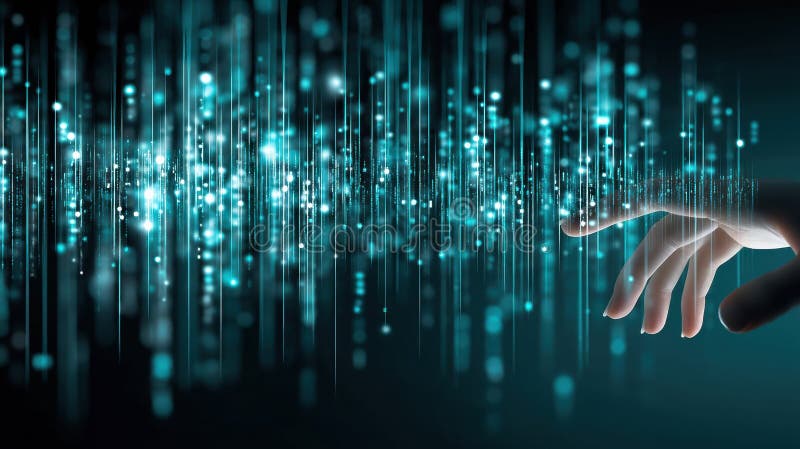 Floating Holographic Code Appears Above Hand in a Vibrant Cyberspace ...