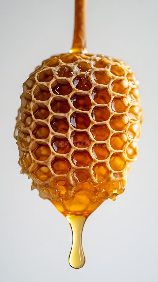 Floating Honeycomb with Honey-dripping Cells, Set Against a Light ...