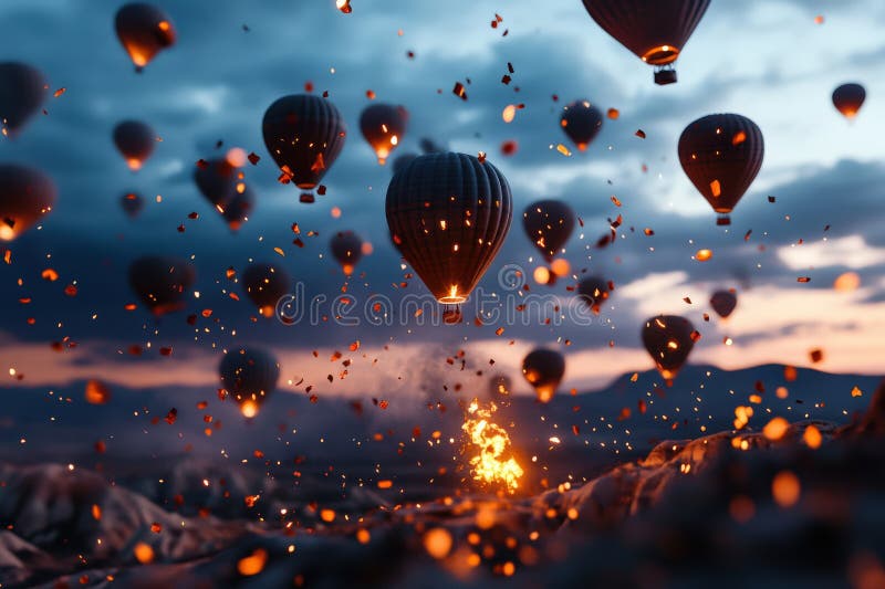 Floating Hot Air Balloons at Sunset with Glowing Sparks Stock Photo ...