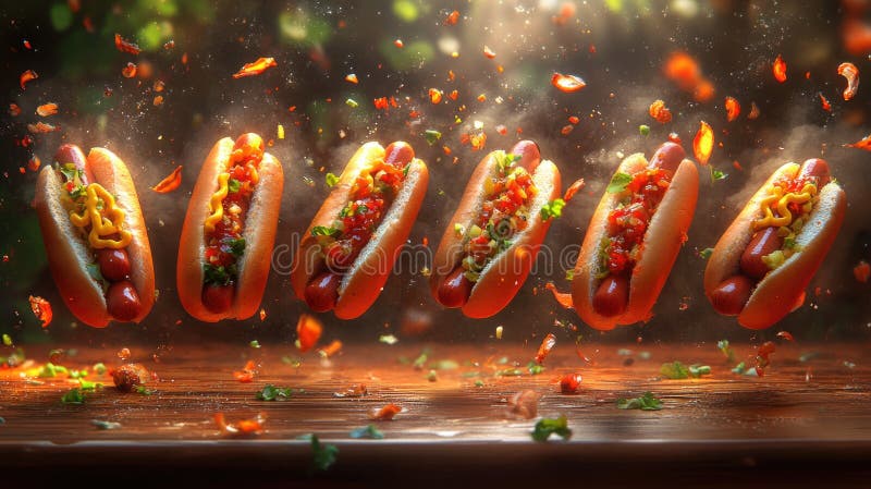 Floating Hot Dogs with Toppings and Vibrant Light Effects in Motion ...