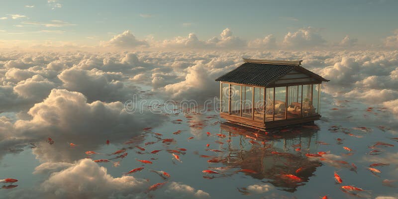 Floating House in Clouds Surreal Sky Scene Artwork Stock Illustration ...
