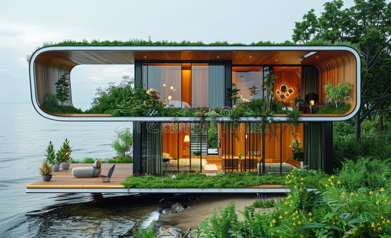 Floating House. Modern Self Sufficient House Design Stock Image - Image ...