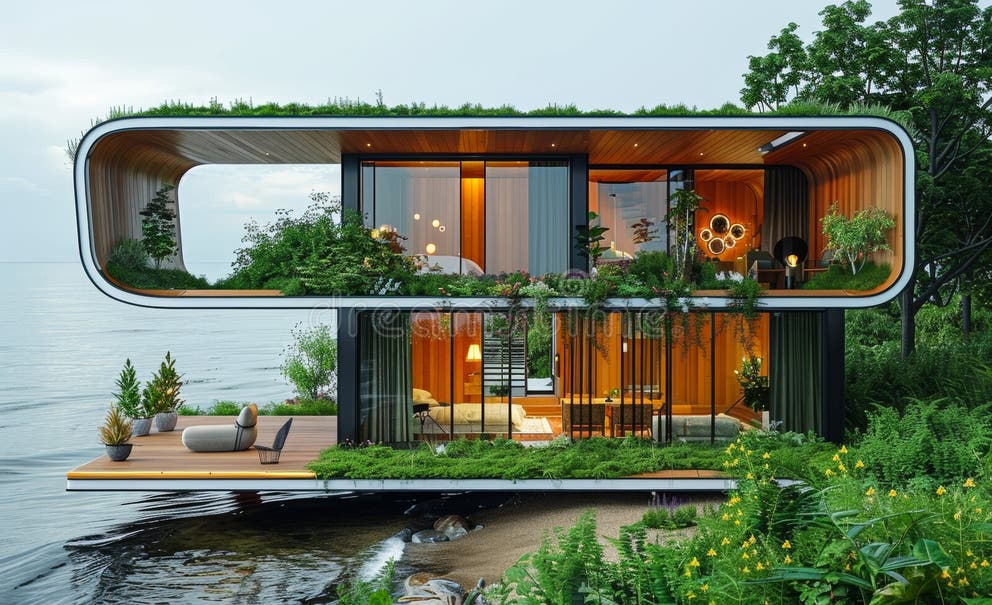 Floating House. Modern Self Sufficient House Design Stock Image - Image ...