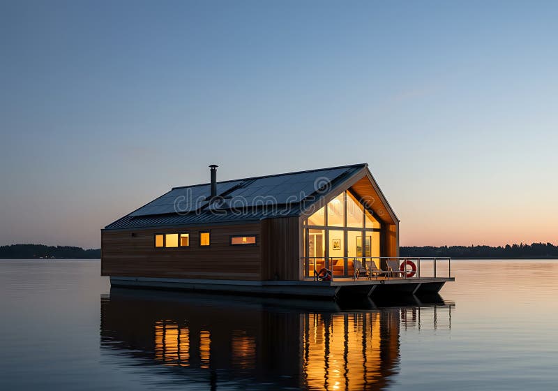 Floating House on Water at Dusk with Reflections Stock Illustration ...