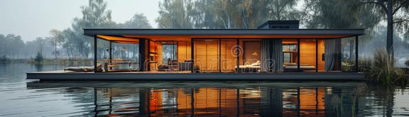 Floating Houseboat with Compact Living Space and River Views3D Render ...