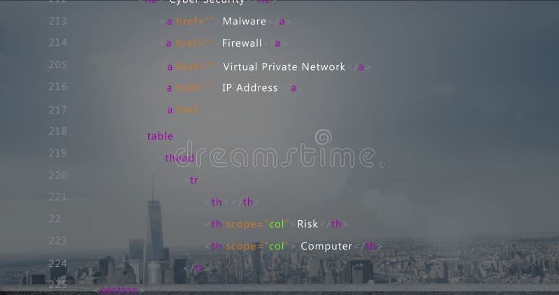 Floating HTML Code Overlay Covering Waterfront Skyline, Showing Malware ...