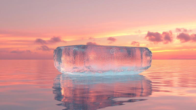 Floating Ice Block at Sunset, Pink and Orange Sky Reflection Stock ...