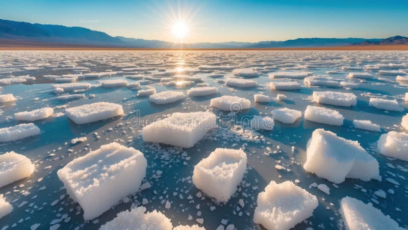 Serene Sunset Over a Salt Flat with Floating Salt Crystals Stock ...