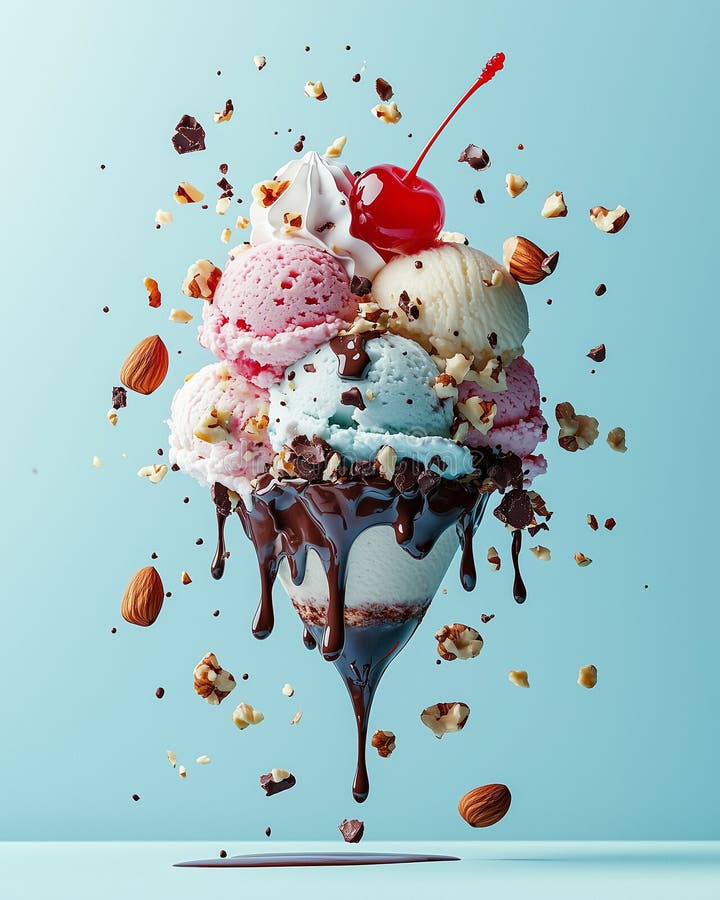 Floating Ice Cream Sundae with Nuts and Chocolate Drizzle Stock ...