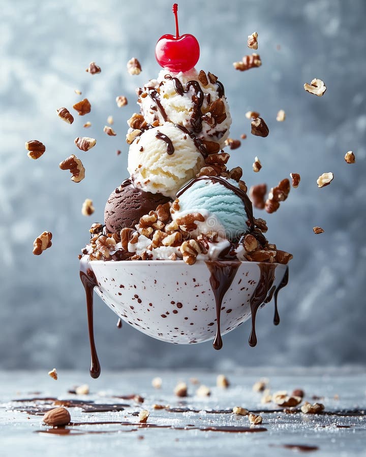 Floating Ice Cream Sundae with Nuts and Chocolate Drizzle Stock ...