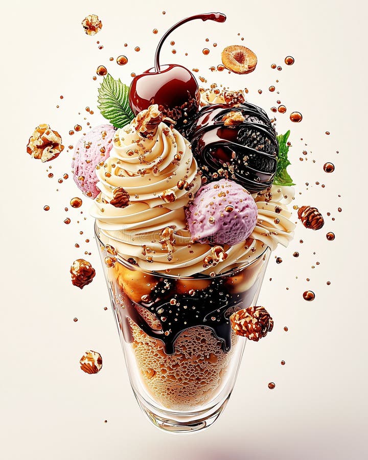 Floating Ice Cream Sundae with Nuts and Chocolate Drizzle Stock ...