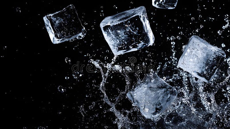 Floating Ice Cubes Against Black Background with Water Splashes Stock ...