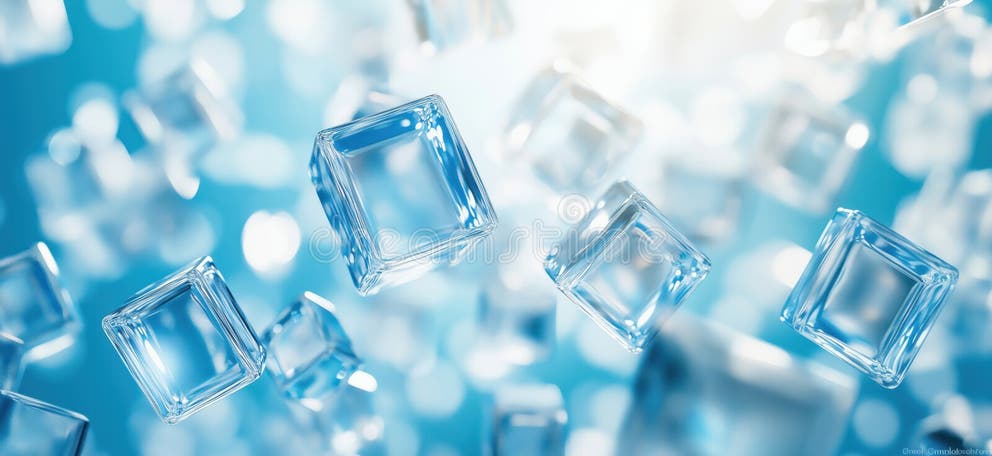 Floating Ice Cubes in Bright Blue Background with Soft Bokeh Effect ...
