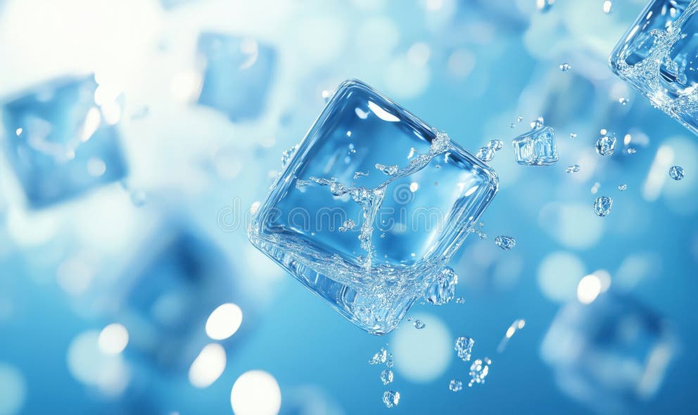 Floating Ice Cubes in Clear Water with Sparkling Bubbles and Blue ...
