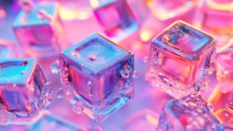 Floating Ice Cubes with Neon Pink and Blue Lighting Stock Illustration ...