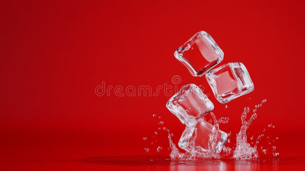 Floating Ice Cubes Splash in Mid-air on Vibrant Red Background Creating ...