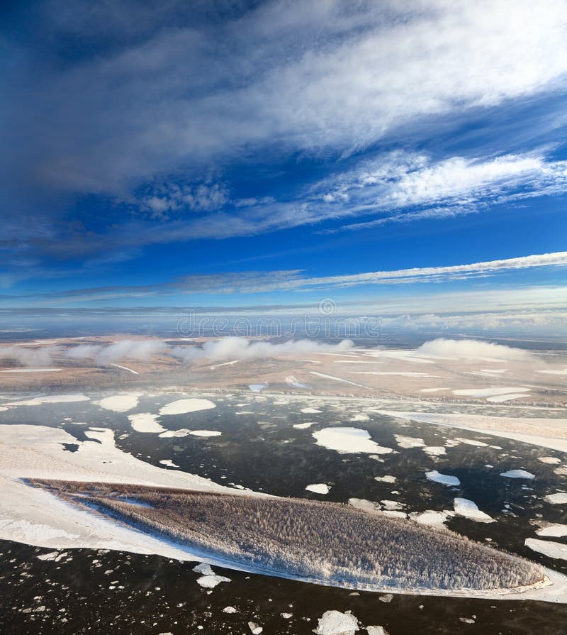Floating Ice Floes are Drifting on the Great River Stock Photo - Image ...