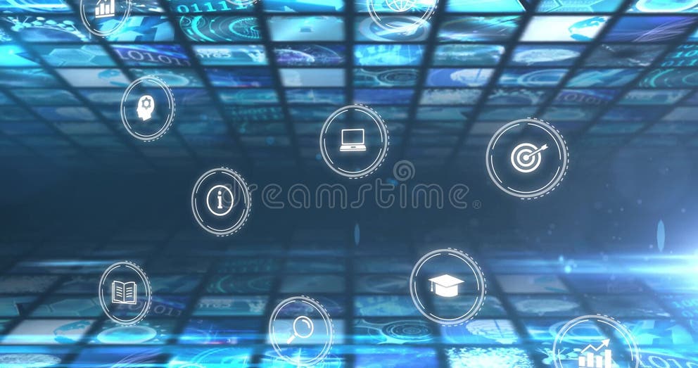 Floating Icons with Laptop, Graduation Cap and Bar Chart Rotating Over ...