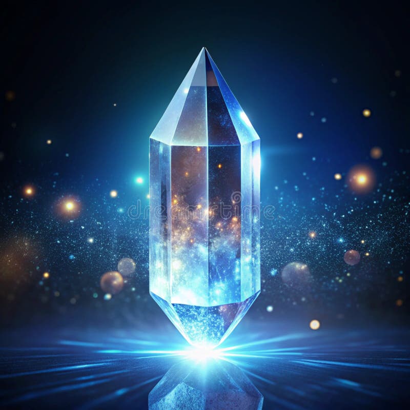 Floating Illuminated Crystal with Glowing Particles Stock Illustration ...