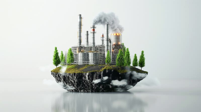 A Floating Industrial Complex with Lush Green Trees, Merging Technology ...