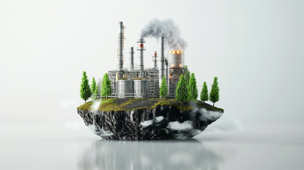 A Floating Industrial Complex with Lush Green Trees, Merging Technology ...