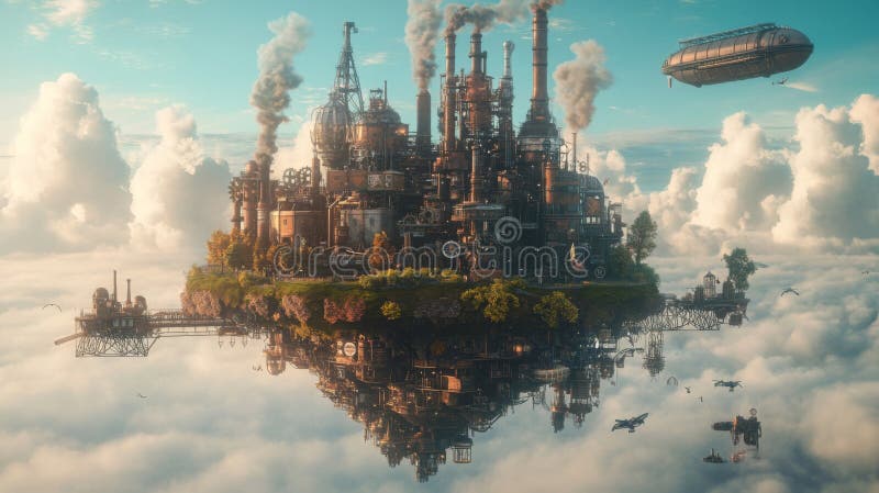 Floating Industrial Island in a Cloudy Sky Stock Illustration - Illustration of machine ...