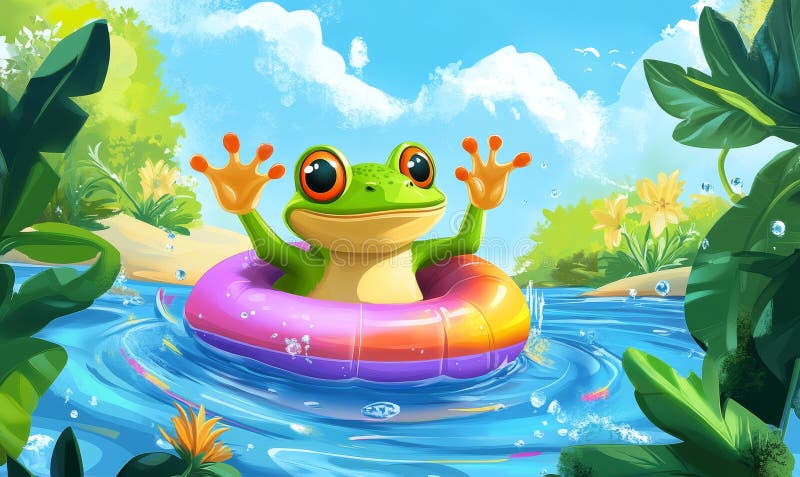 On a Floating Inflatable Circle in a River, a Cartoon Frog Appears ...