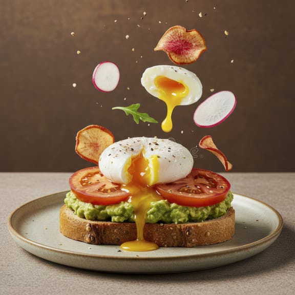 Floating Ingredients: Avocado Toast with Exploding Egg and Radis Stock ...