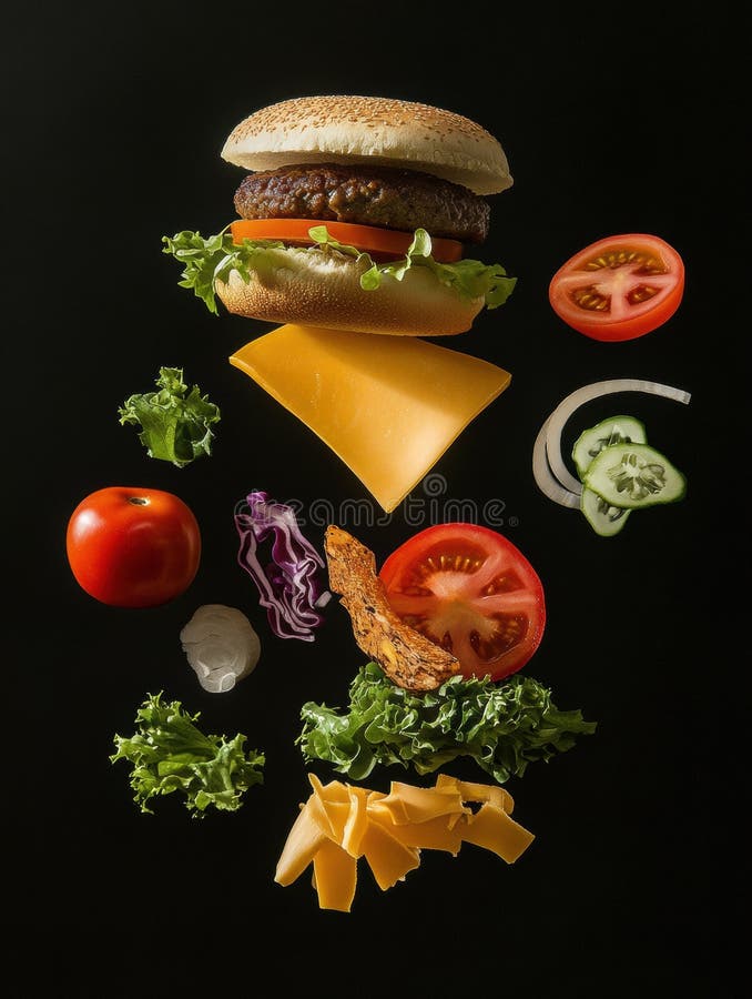 Floating Ingredients Including Lettuce, Tomato, Cheese, and a Burger ...
