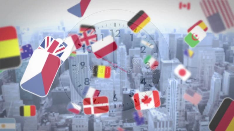 Floating International Flags Over Cityscape with Clock Face Animation ...