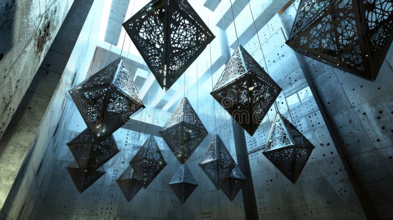Floating Intricate Metal Triangles Hanging from the Ceiling in a ...
