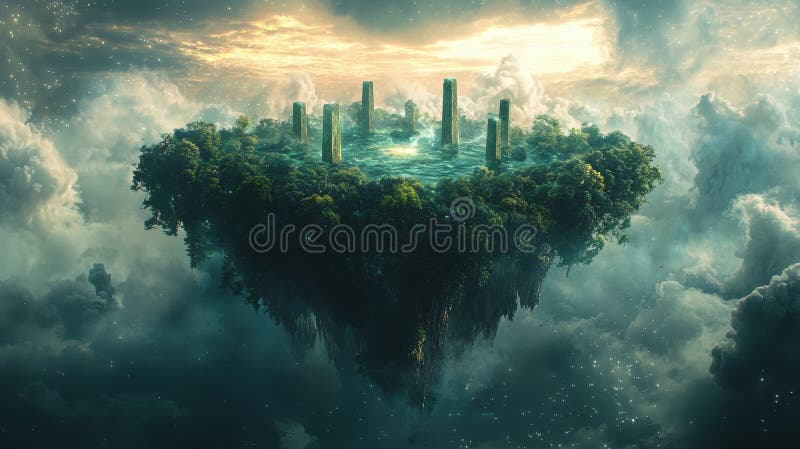 Floating Island with Ancient Structures Surrounded by Lush Greenery and ...