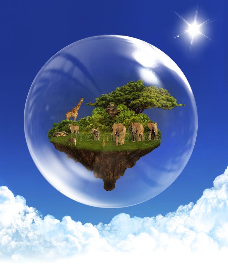 Floating Island with Animals in Bubble Stock Image - Image of escaping ...
