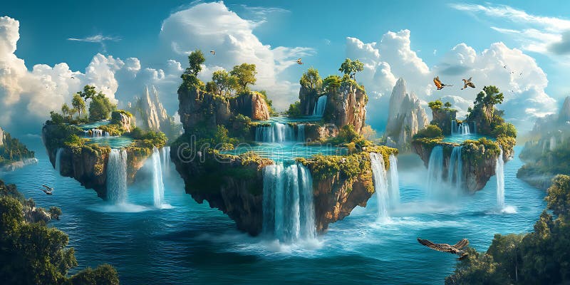 Floating Island Archipelago with Waterfalls Wallpaper Background Stock ...