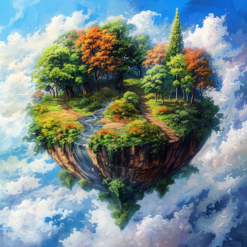 Floating Island with Autumnal Trees and Waterfall Stock Illustration ...