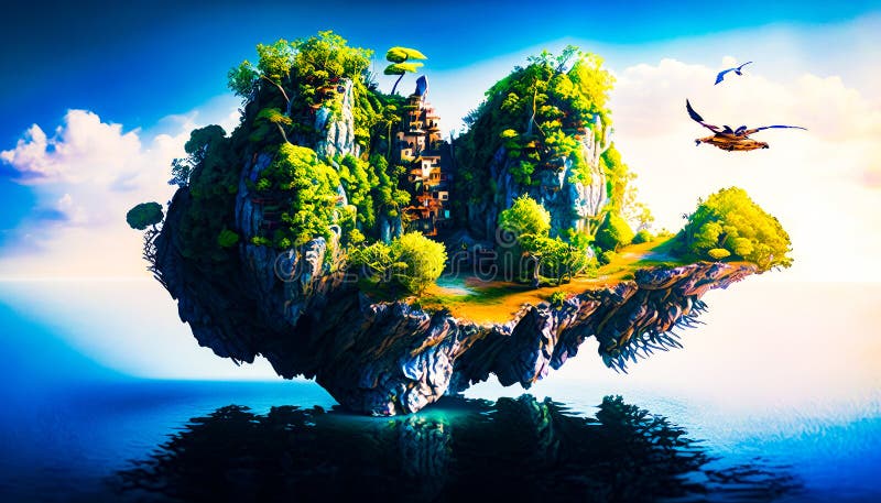 Floating Island with Bird Flying Over it. Fantasy Stock Illustration ...