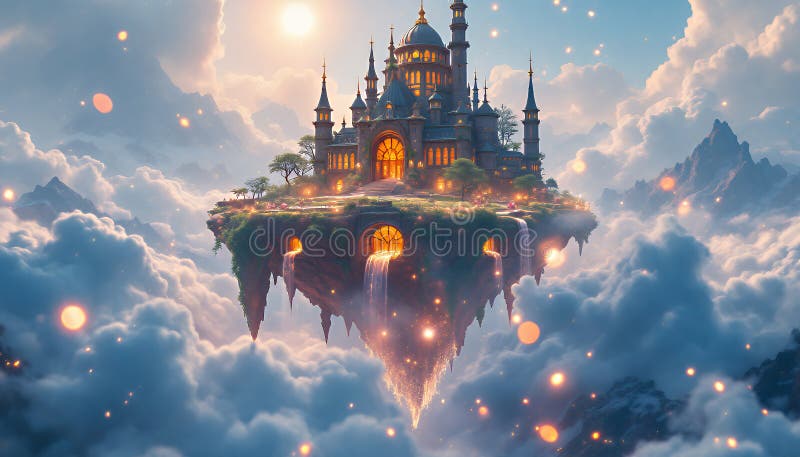 Floating Island Castle in Dreamlike Cloudscape Stock Illustration ...