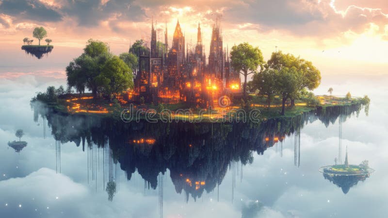 Floating Island Castle at Sunset Stock Illustration - Illustration of ...