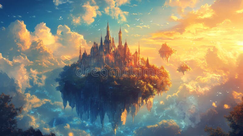 Floating Island Castle at Sunset: a Fantasy Landscape Stock ...